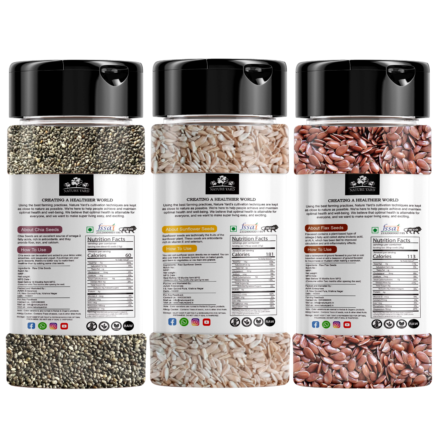 NATURE YARD Organic Chia, Sunflower & Flax Seeds for eating - Rich in ...